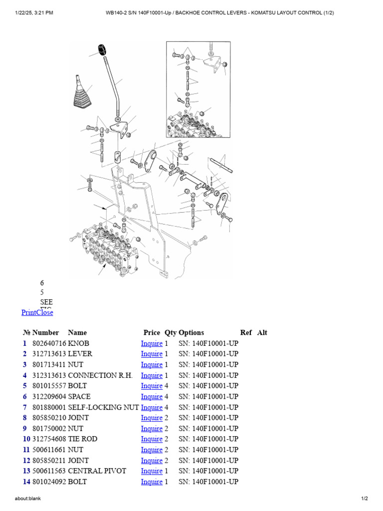 WB140-2 S - N 140F10001-Up - BACKHOE CONTROL LEVERS - KOMATSU LAYOUT ...