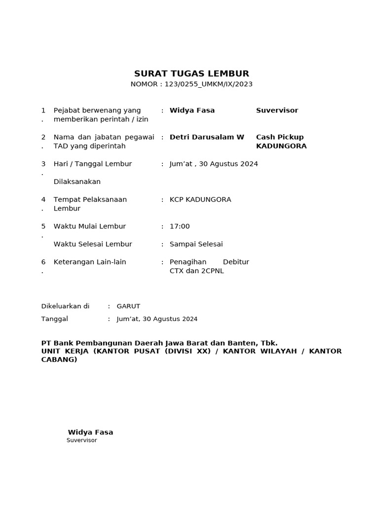 Format Surat Tugas Lembur Tenaga Alih Daya Kelolaan Divisi Human ...