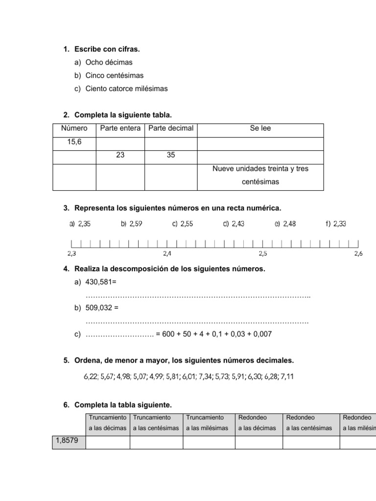 Ejercicios de Números Decimales | PDF