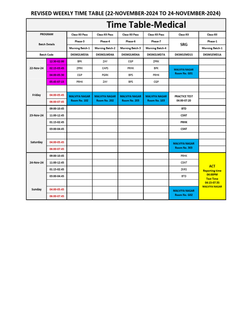 REVISED NEET TIME TABLE (22 NOV-24 NOV 2024) | PDF | Working Time ...