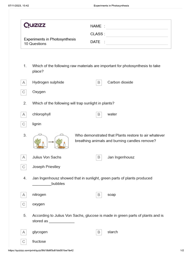 Experiments in Photosynthesis MCQ | PDF | Photosynthesis | Chloroplast