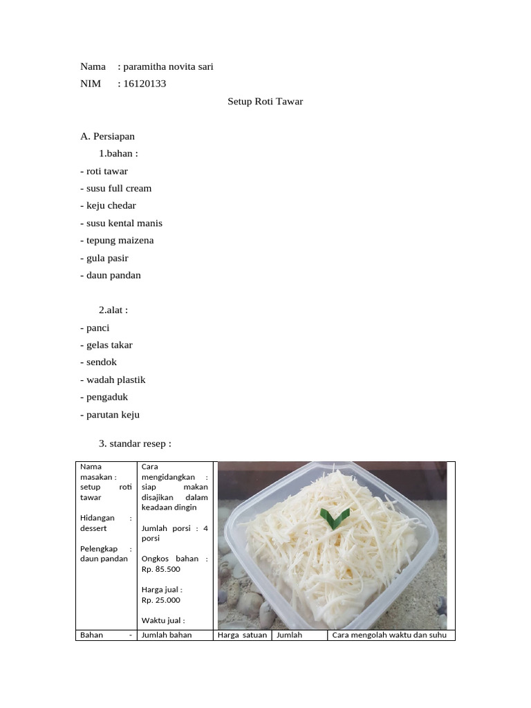 Resep Setup Roti Tawar | PDF