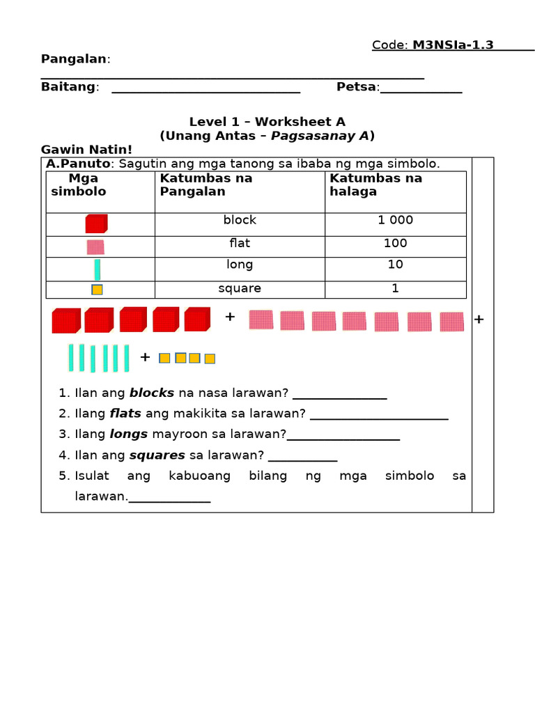G3Quarter 1 - Week 1 - Worksheet A - Set A | PDF