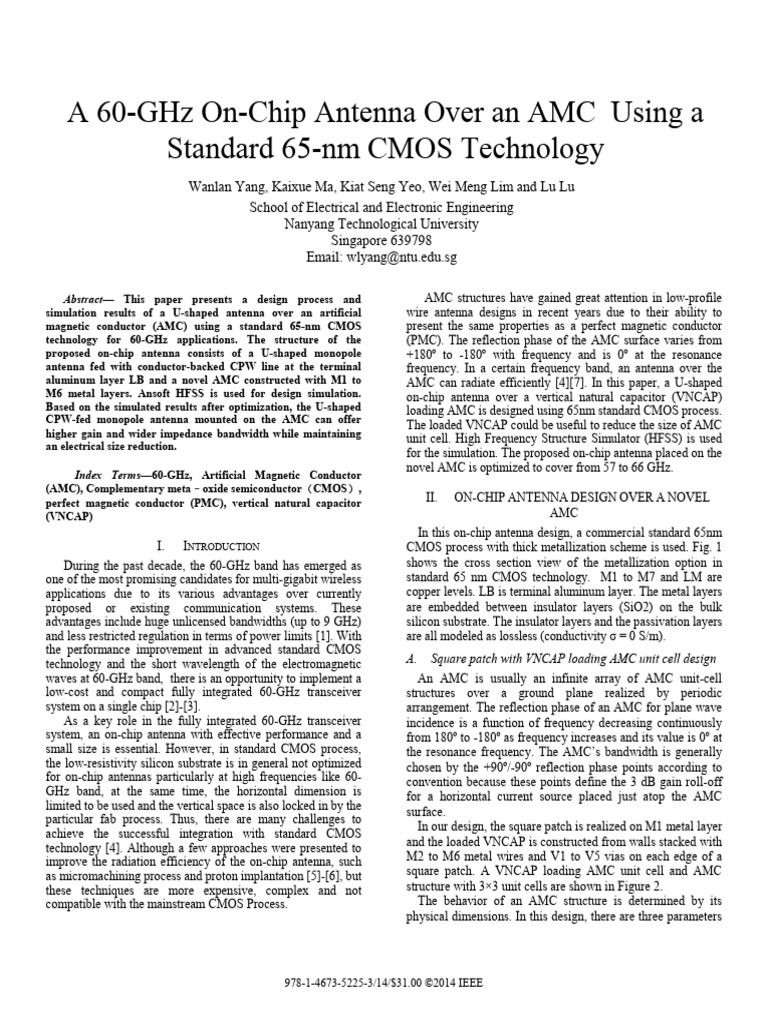 A 60-GHz on-chip antenna over an AMC using a standard 65-nm CMOS ...