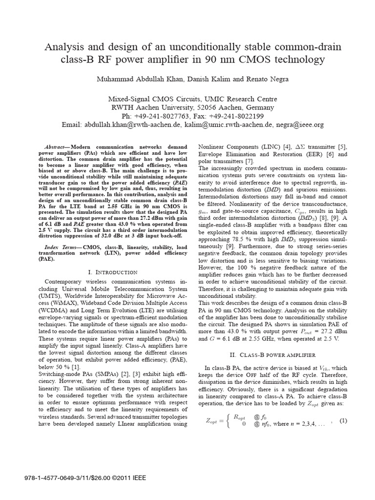 Analysis and Design of An Unconditionally Stable Common-Drain Class-B ...