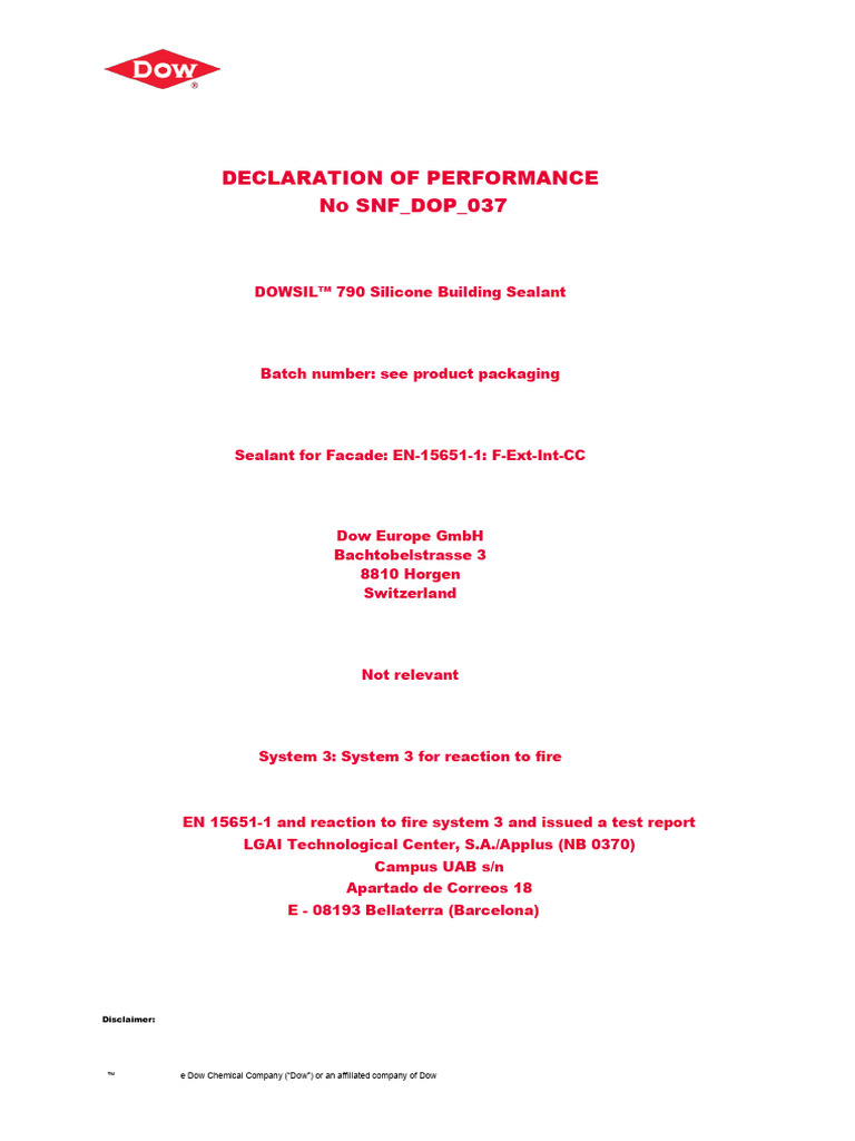 Declaration Performance Dowsil 790 Silicone Building | PDF