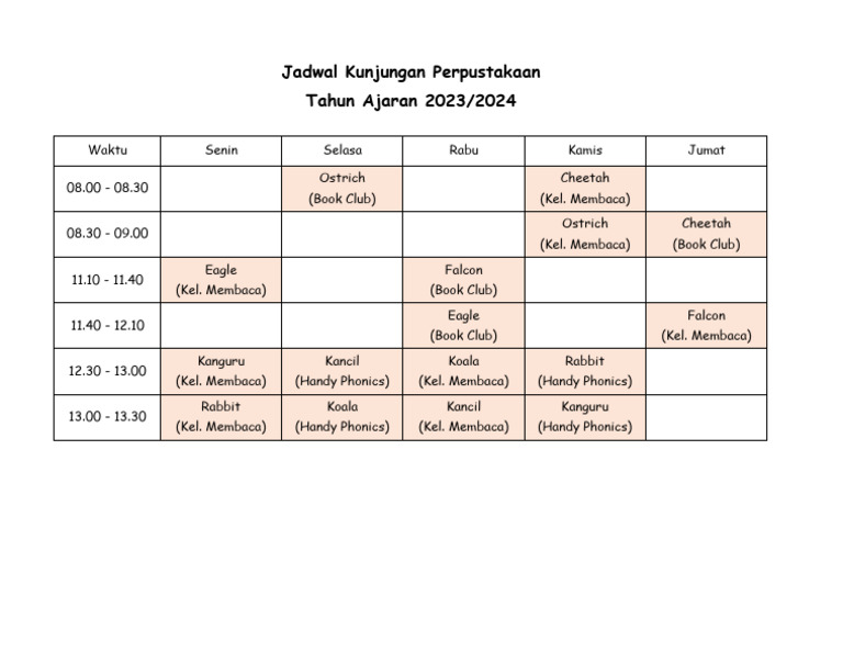 Jadwal Kunjungan Perpustakaan Tahun Ajaran 2023-2024 | PDF