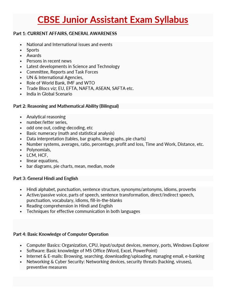 CBSE Junior Assistant Exam Syllabus 2025 | PDF