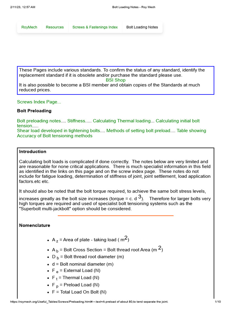 Bolt Loading Notes - Roy Mech | PDF | Screw | Mechanical Engineering