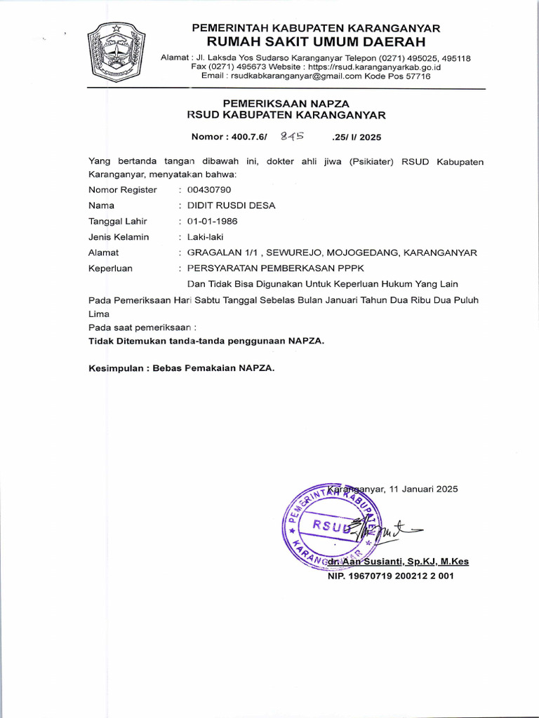 Surat Keterangan Bebas NAPZA Didit | PDF