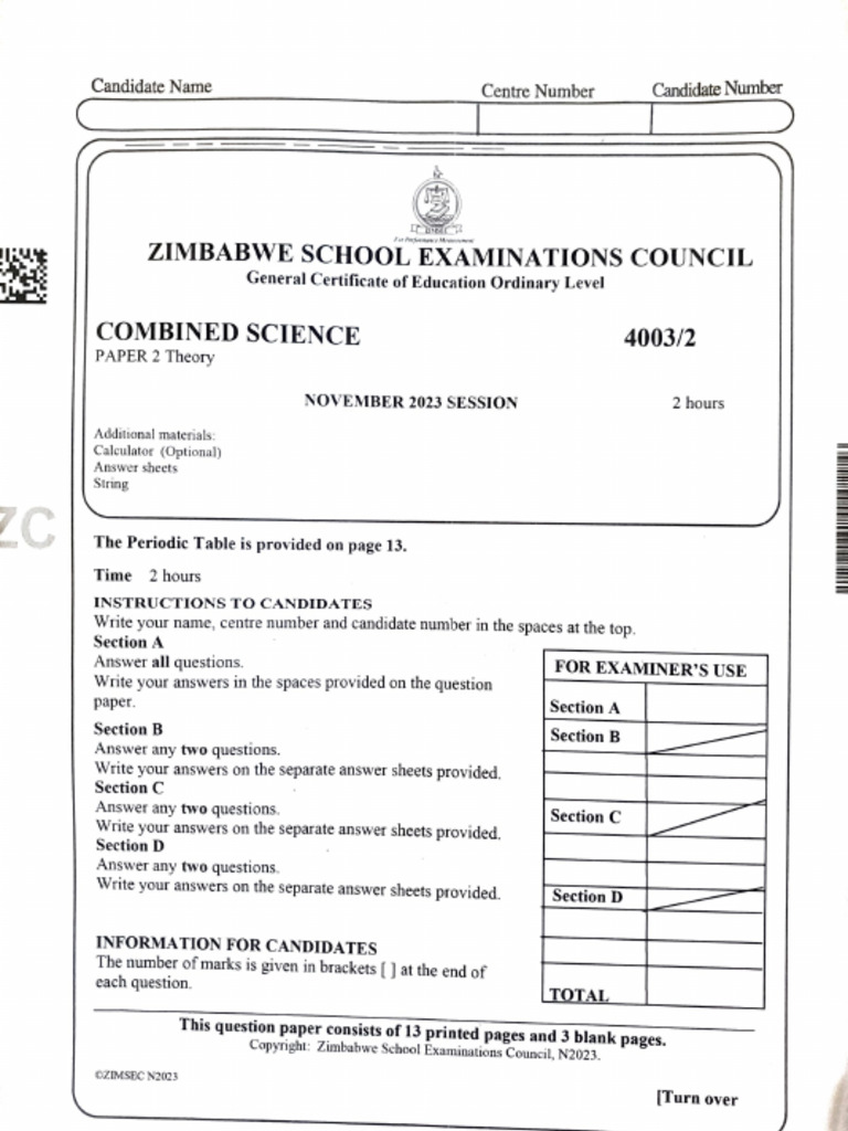 Combined Science Paper 2 Nov23 (1716463407083) | PDF
