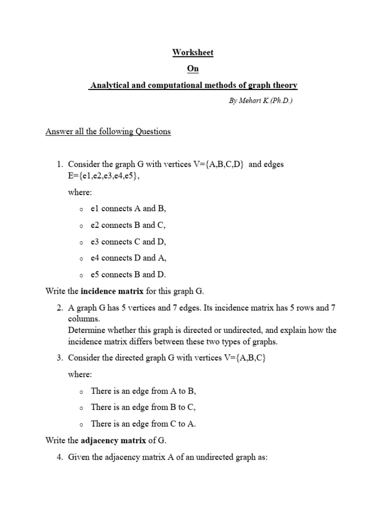 Worksheet On Analytical and Computational Methods of Graph Theory | PDF