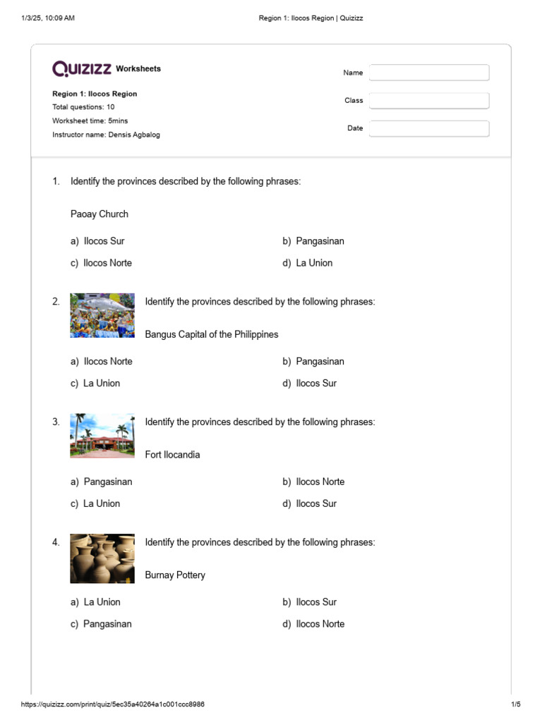 Ilocos Region Quiz Worksheet | PDF | Philippines