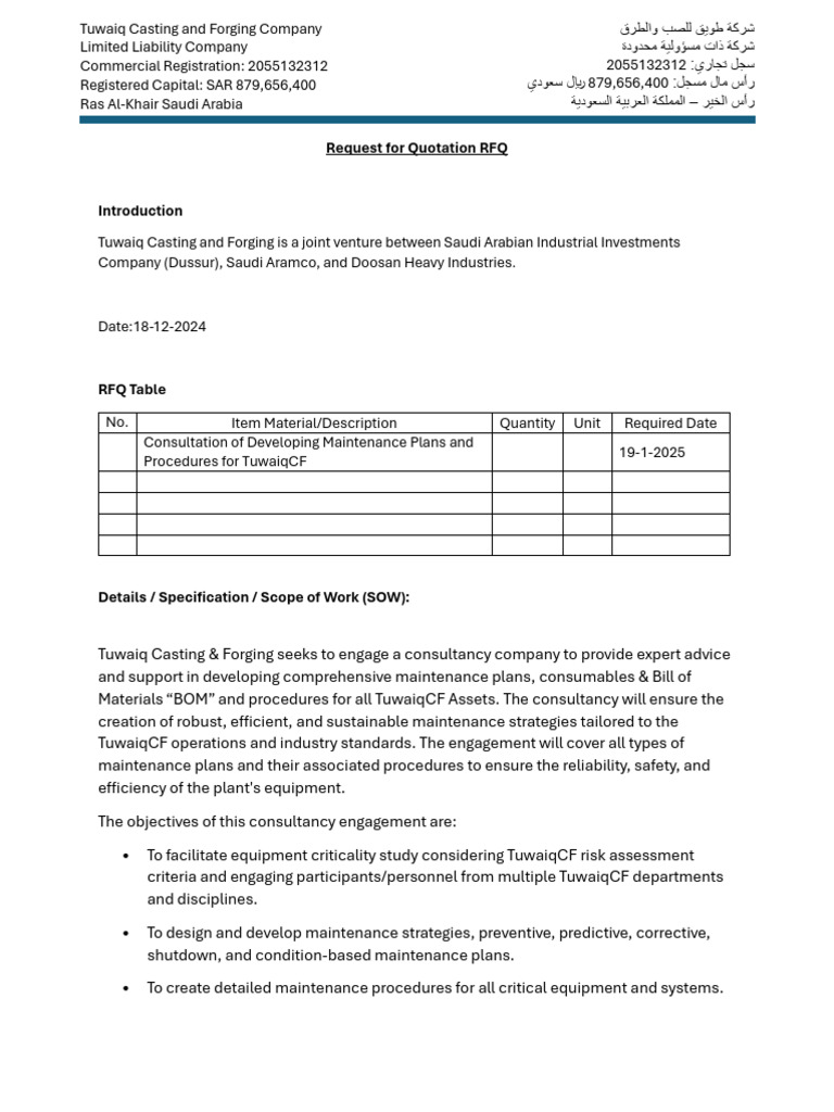Maintenance Strategy Consultancy RFQ | PDF