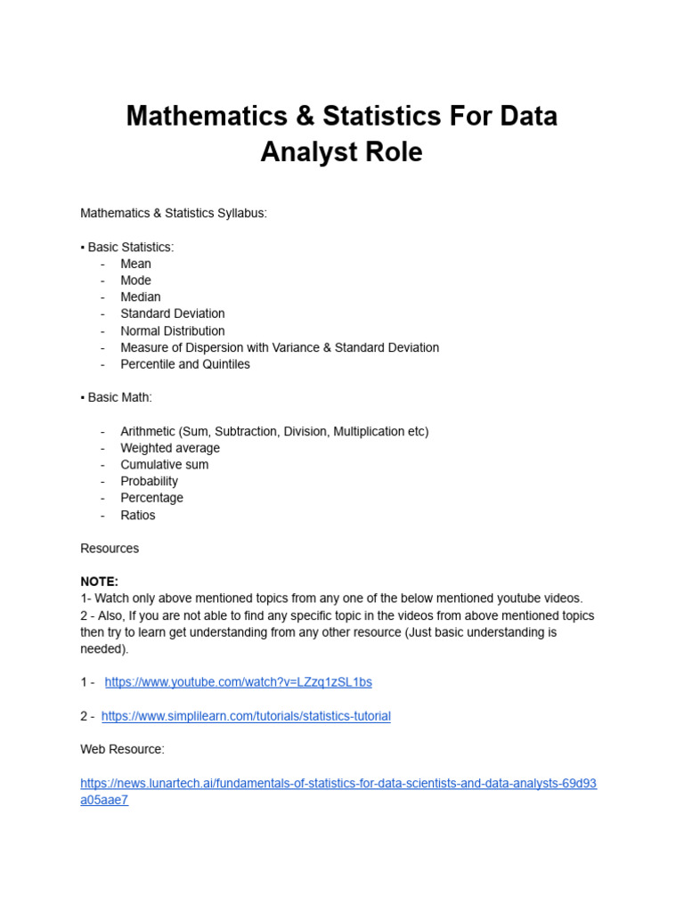Maths&Stats For Data Analyst | PDF