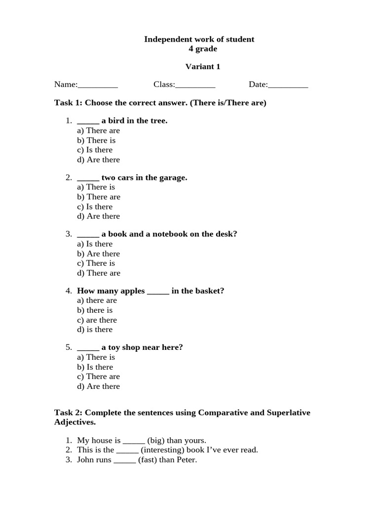 English Independent Work for 4th Grade | PDF | Adjective | Adverb