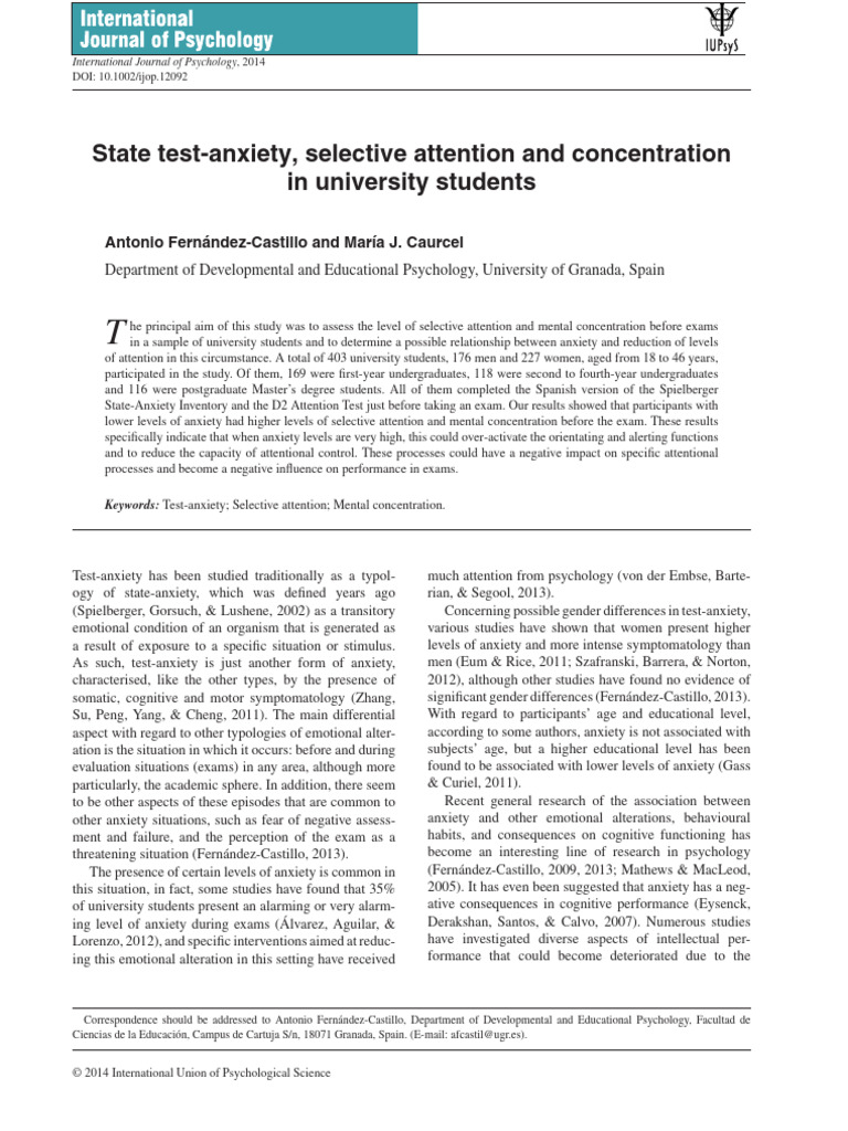 State Test Anxiety Selective Attention A | PDF | Psychology ...
