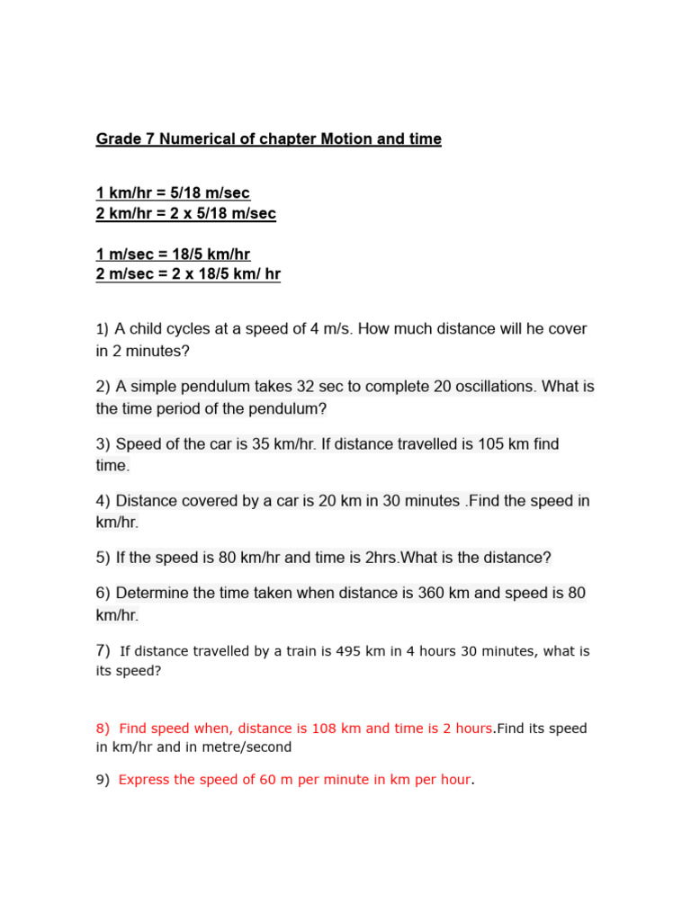 Grade 7 Numerical of Chapter Motion and Time | PDF