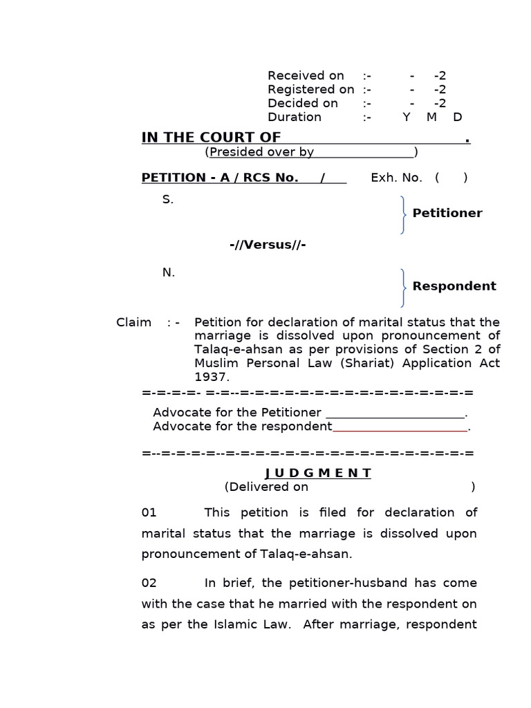 Proforma Judgments - Talaq-E-Ahsan-Khula and Mubaraat | PDF | Marriage ...
