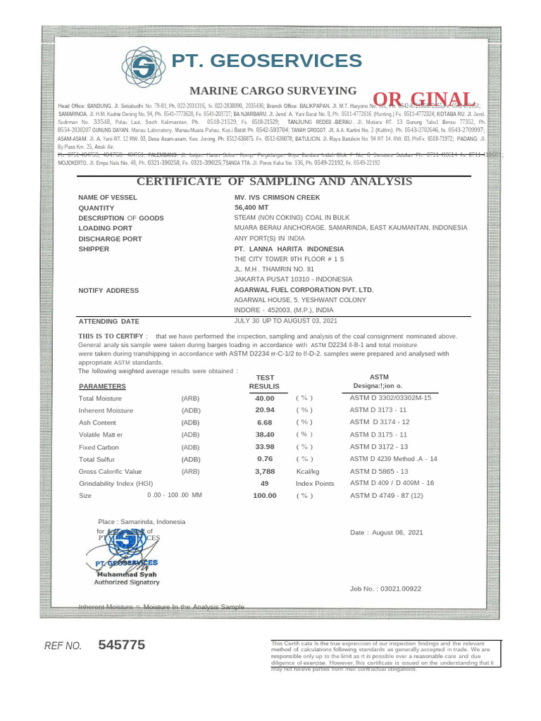 IVS Crimson Creek Coal Inspection Report | PDF | Fuels | Chemical ...
