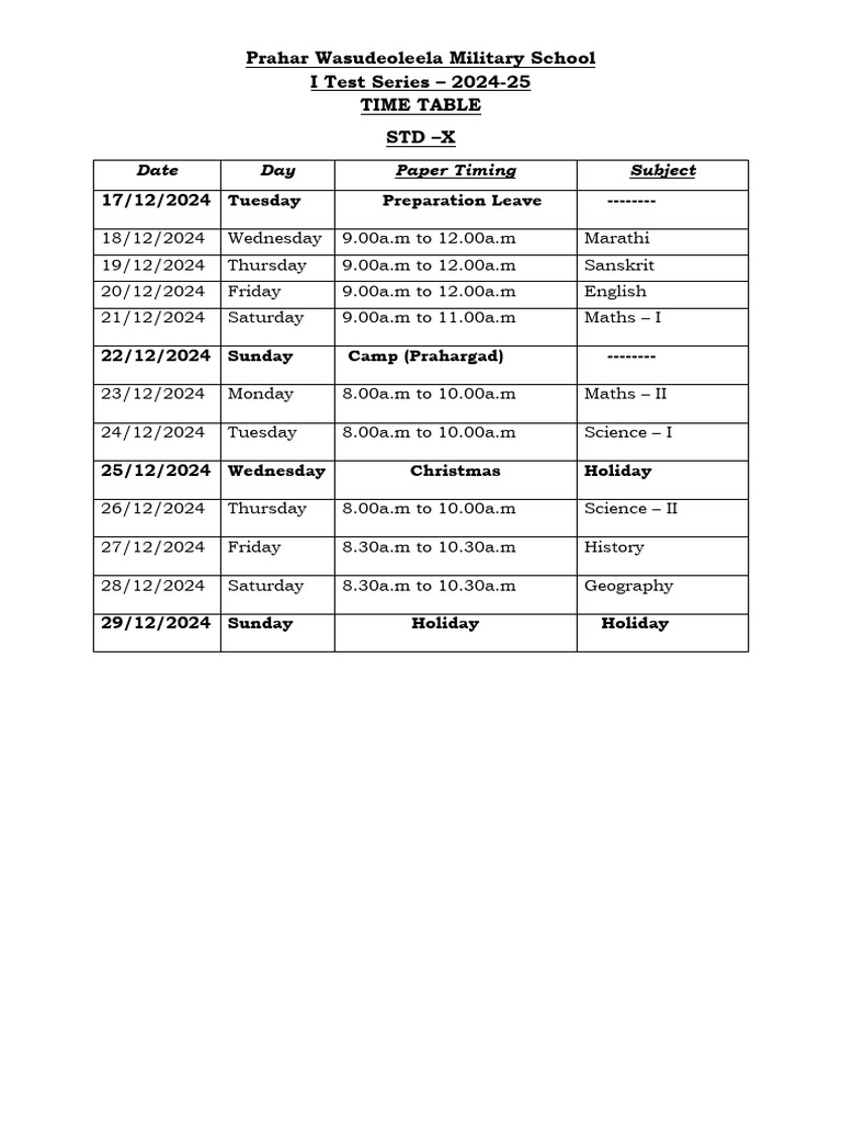 X First Test Series Paper Timings | PDF | Science