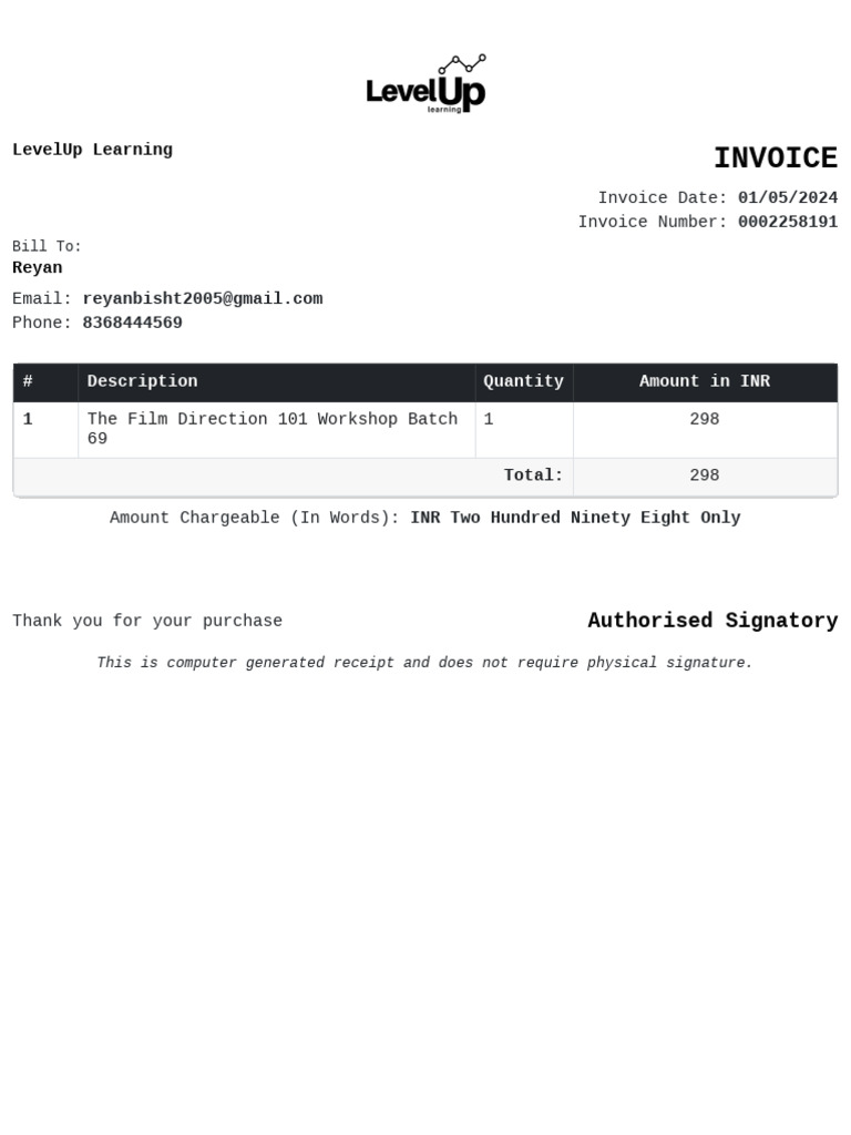subscriptionInvoice-The Film Direction 101 Workshop Batch 69 | PDF