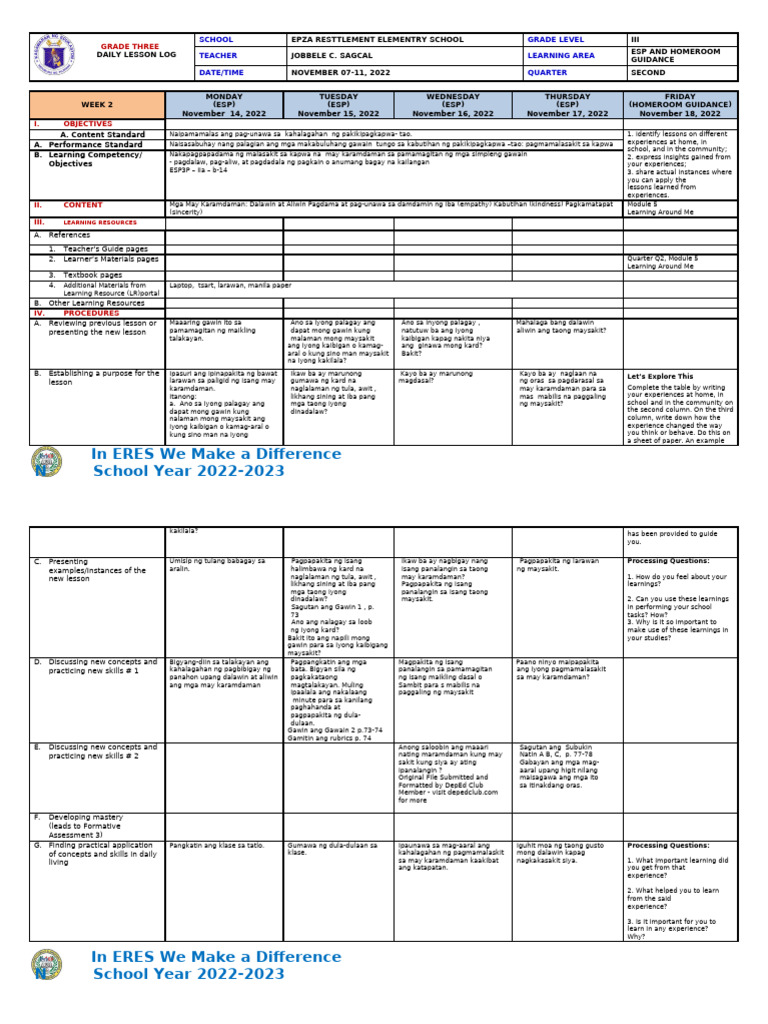 Esp3 Q2 W2 DLL Nov 14 18 | PDF