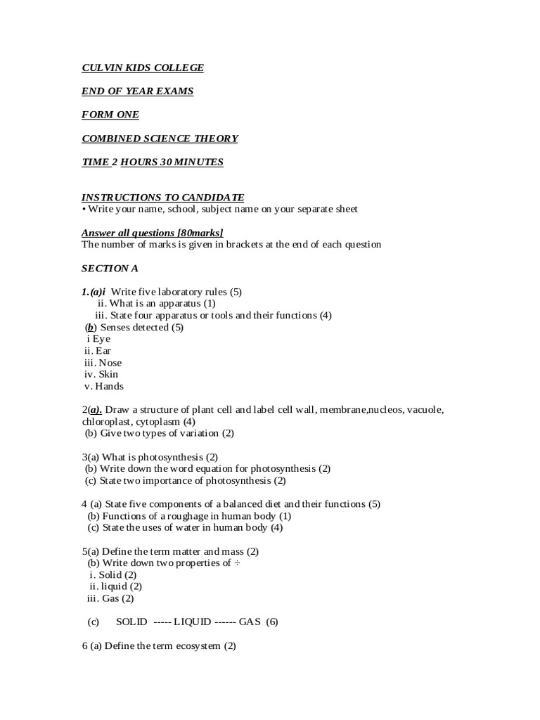 Combined Science Form One Exam | PDF