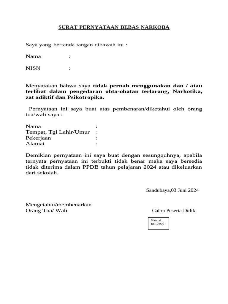 Surat Pernyataan Bebas Narkoba | PDF