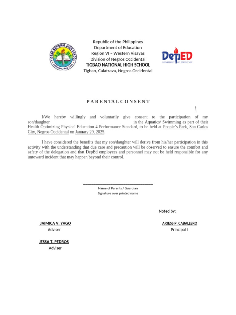 Parental Consent Swimming | PDF