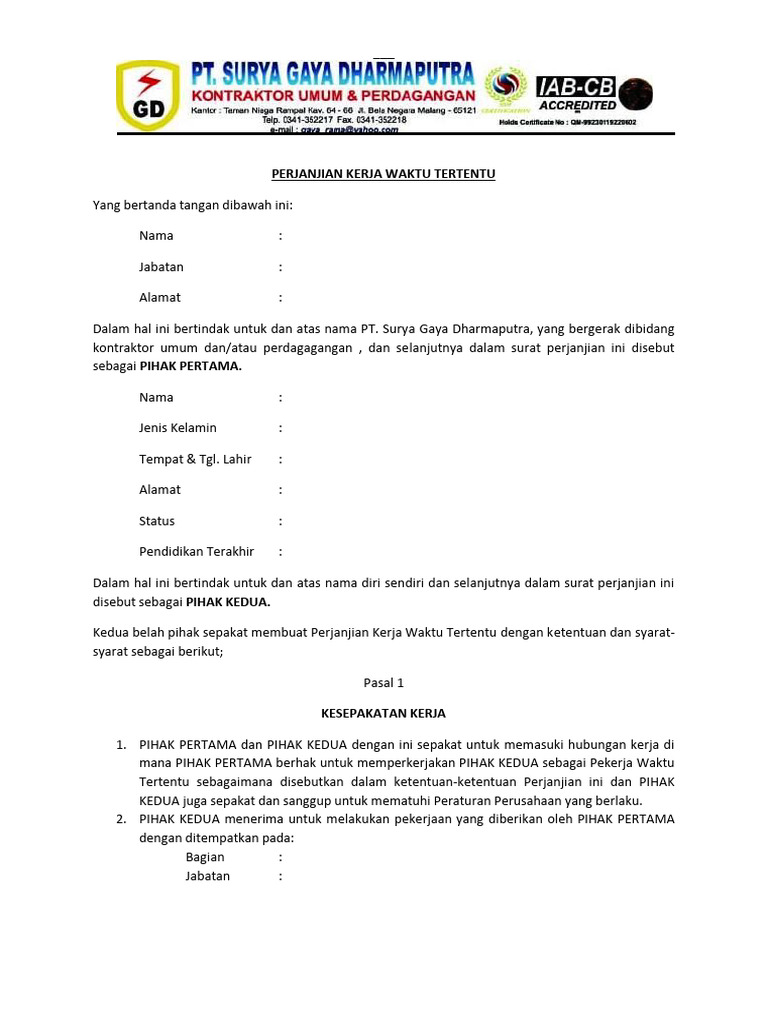 Surat Perjanjian Kerja Waktu Tertentu | PDF
