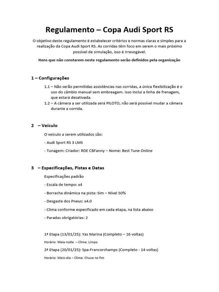 Regulamento da Copa Audi Sport RS | PDF