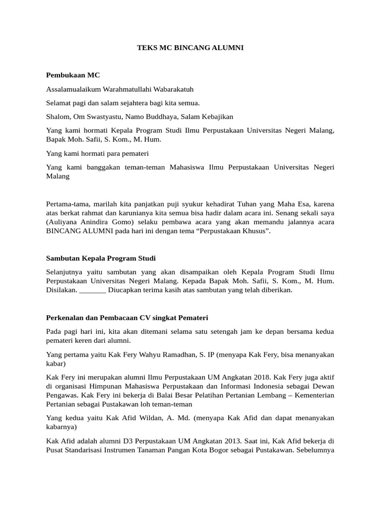 Teks MC Bincang Alumni 29 Juni | PDF