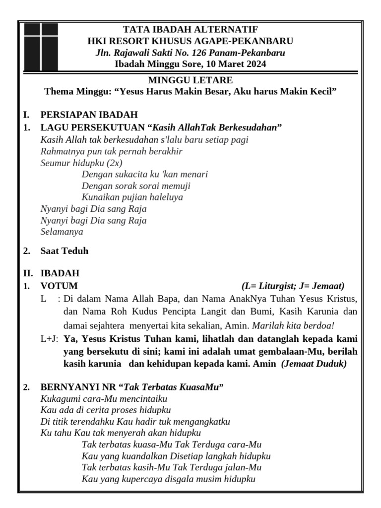 10 Maret 2024 - Tata Ibadah Sore Letare | PDF