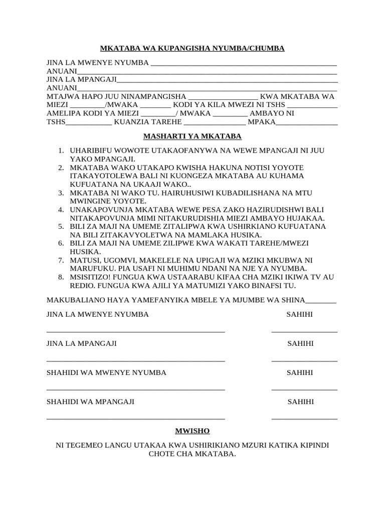 Mkataba Wa Kupangisha Nyumba-Chumba | PDF