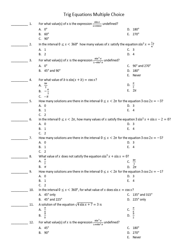 Trig Equations Multiple Choice | PDF