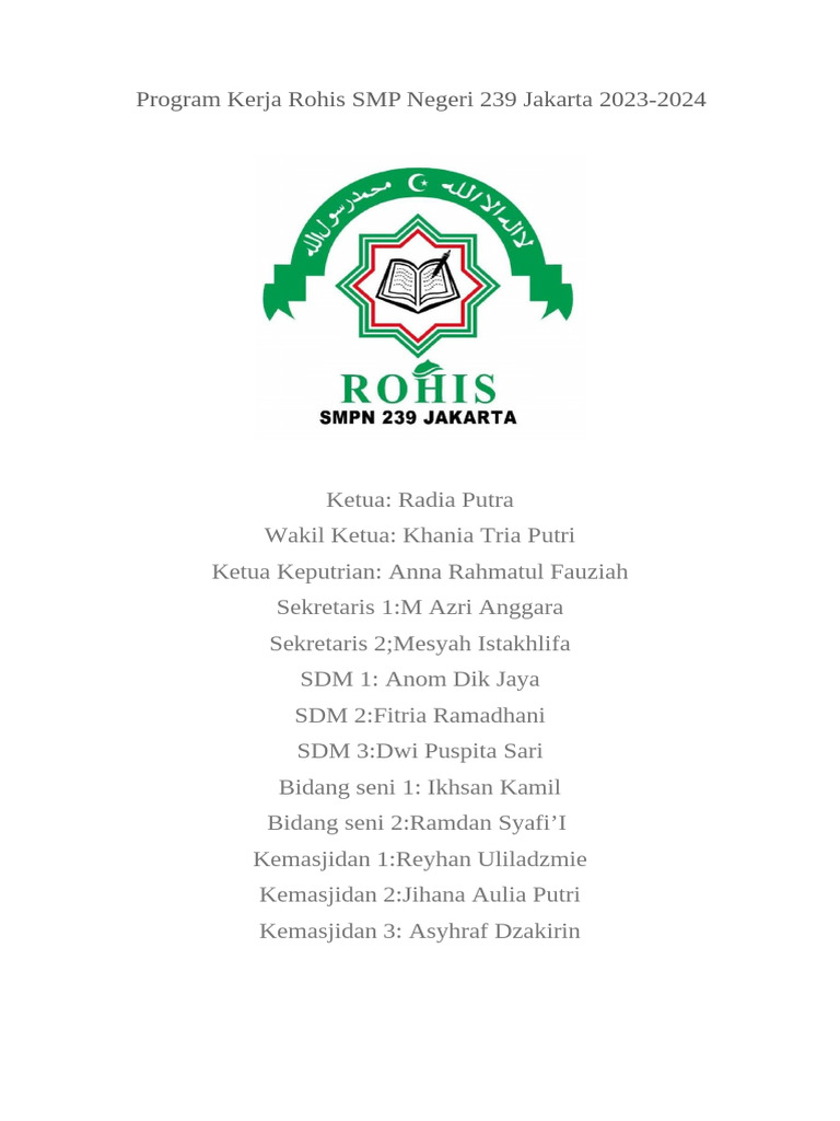 Program Kerja Rohis SMPN 239 Jakarta 2023-2024 | PDF