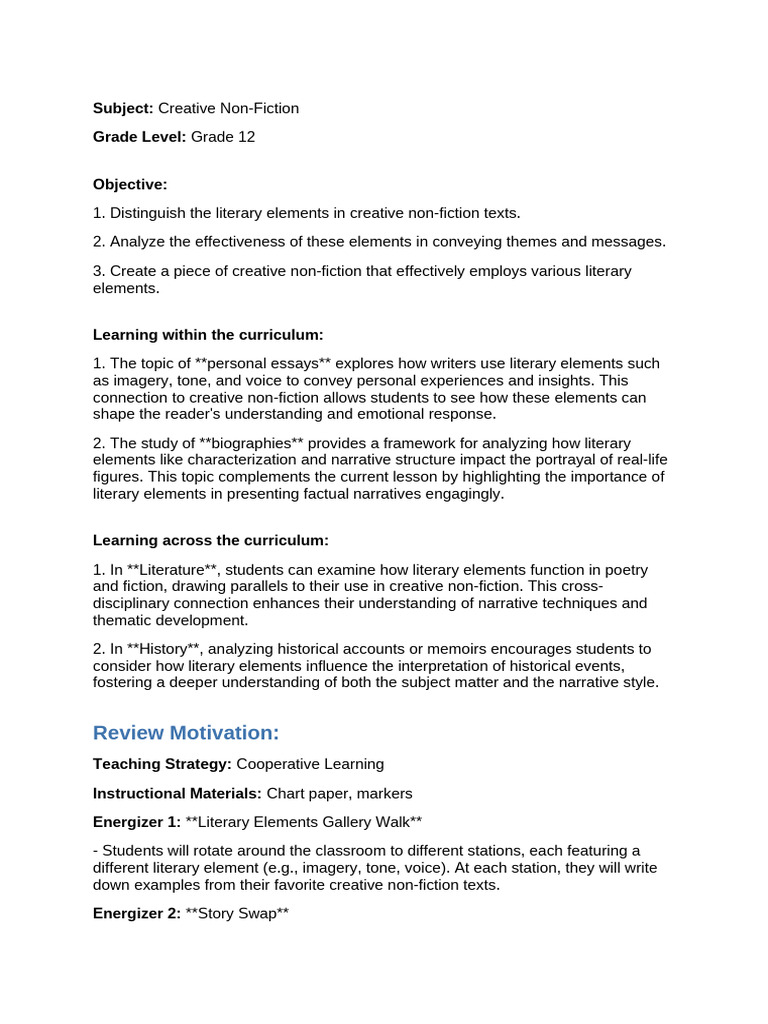 lesson_plan (1) | PDF | Narrative | Creative Nonfiction