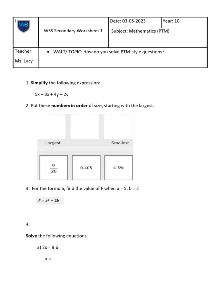 Year 10 Maths Practice Worksheet | PDF