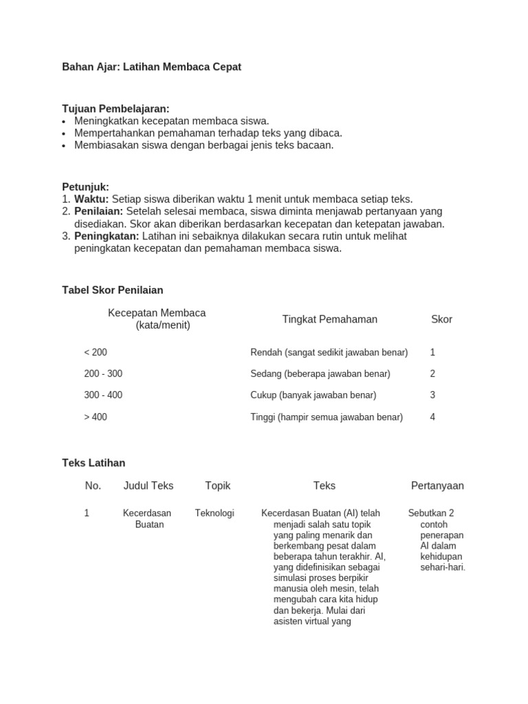 Bahan Ajar Membaca Cepat | PDF