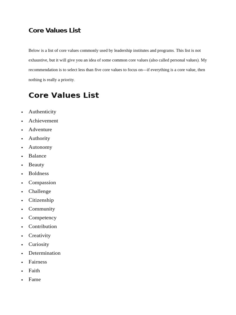 Core Values List | PDF