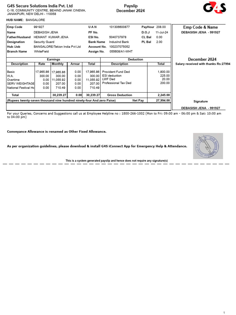 Security Guard December Payslip | PDF | Working Conditions | Payments