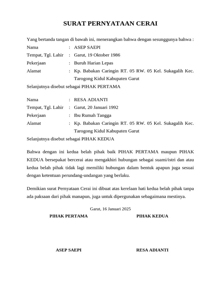 Surat Pernyataan Cerai | PDF