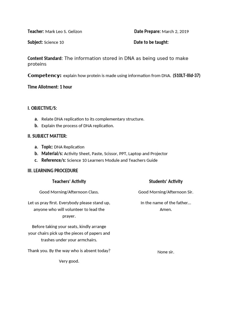 Lesson Plan Junior High | PDF | Dna Replication | Dna