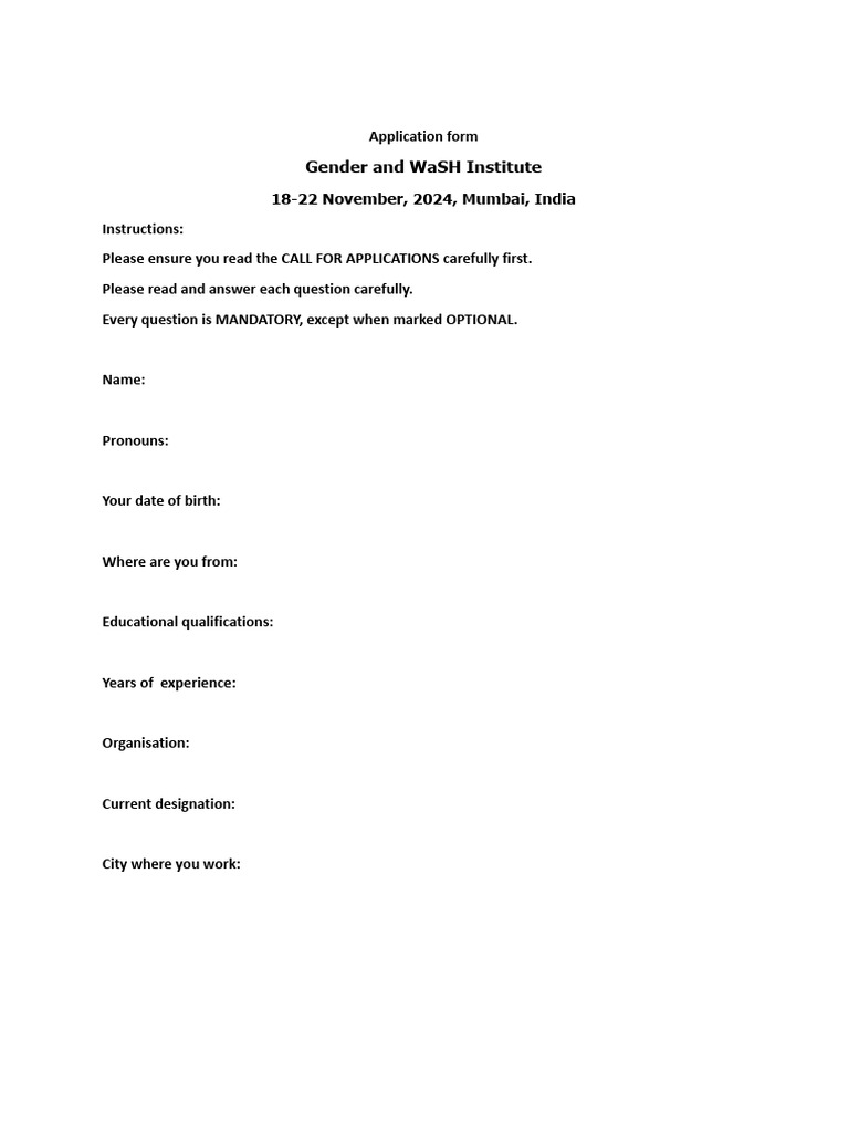 Gender and Wash Application Form PDF | PDF