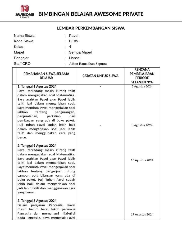 LEMBAR PERKEMBANGAN SISWA (Pavel BE085) | PDF