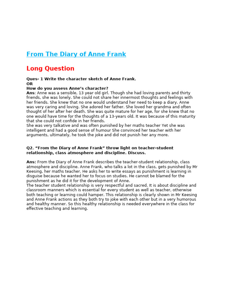 Character Analysis of Anne Frank | PDF
