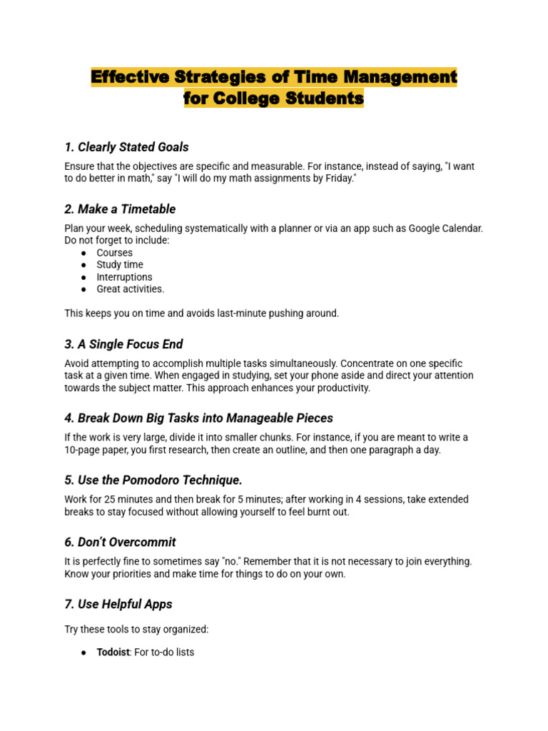 Effective Strategies of Time Management For College Students | PDF