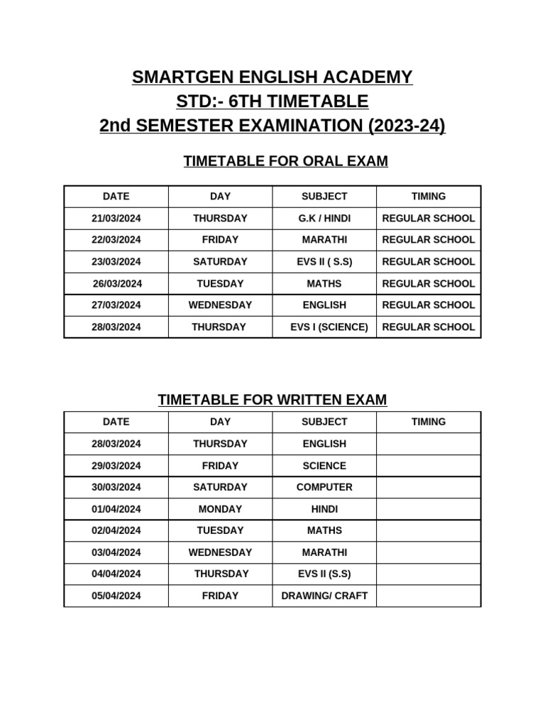 6th STD Exam Time Table | PDF