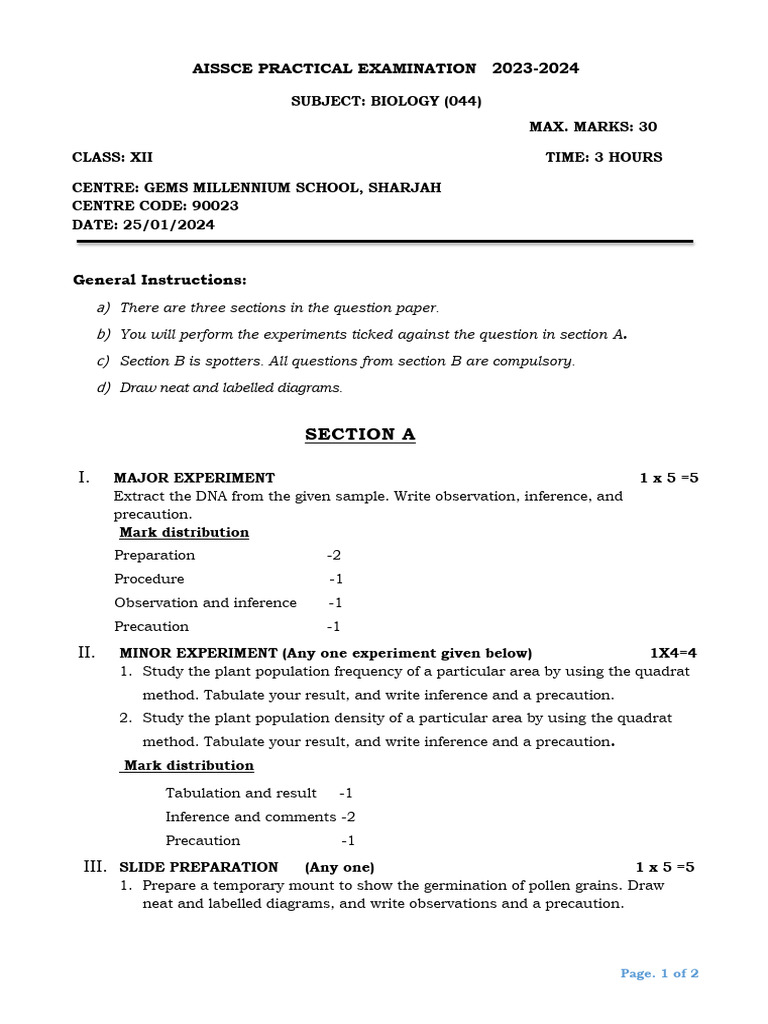 Aissce Practical Biology (044) QP 2024 | PDF | Genotype | Genetics